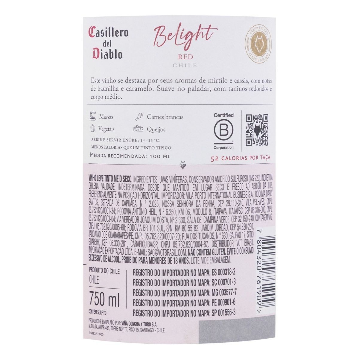 VINHO CHILENO TINTO MEIO SECO RED CASILLERO DEL DIABLO BELIGHT 750ML - Tozzo Alimentos Ltda